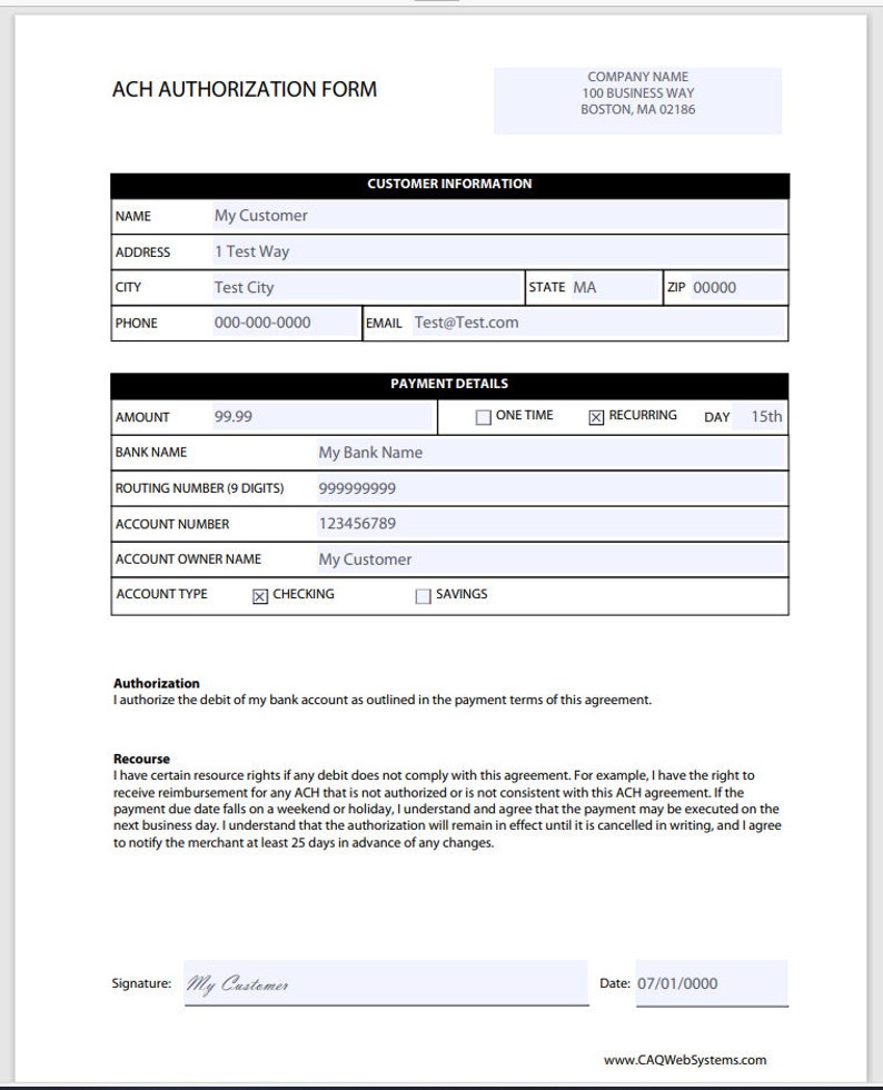 ACH AUTHORIZATION Fillable PDF Form - Etsy