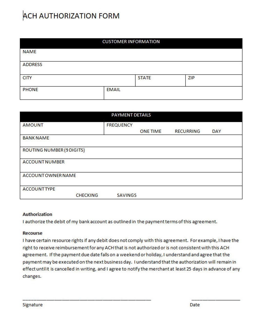 ACH AUTHORIZATION Fillable PDF Form - Etsy