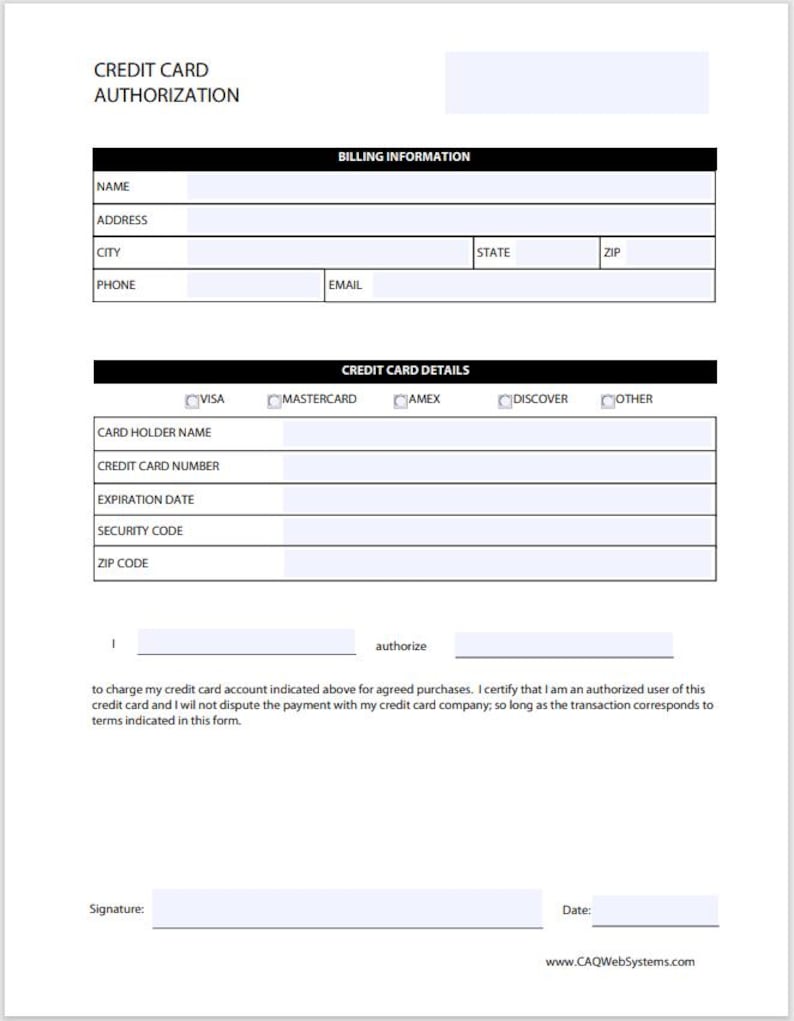 CREDIT CARD Authorization Fillable PDF Form - Etsy