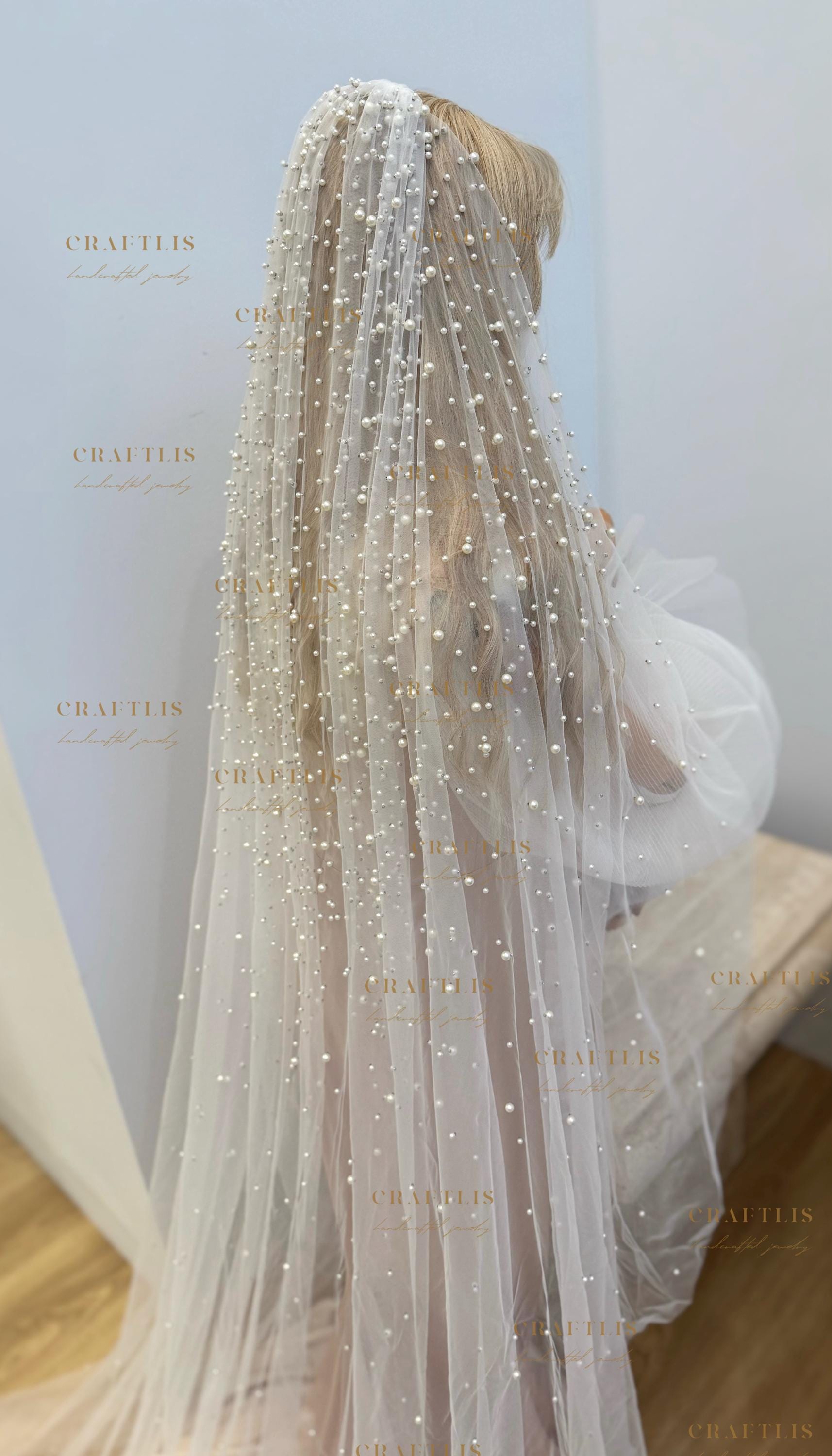 Pearl Bridal Veil, Pearl Beaded Long Wedding Veil, Cathedral Veil With ...