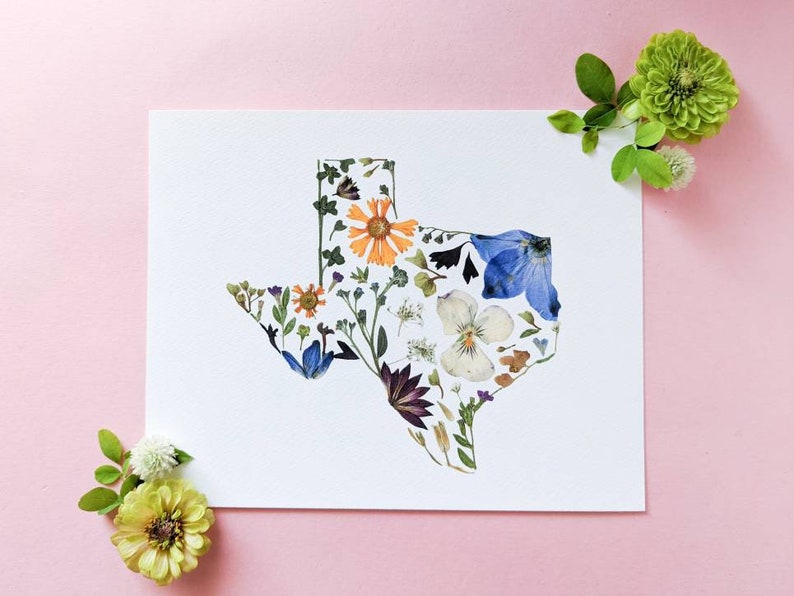 Pressed Flower Art Texas Texas Wall Art Texas Print | Etsy