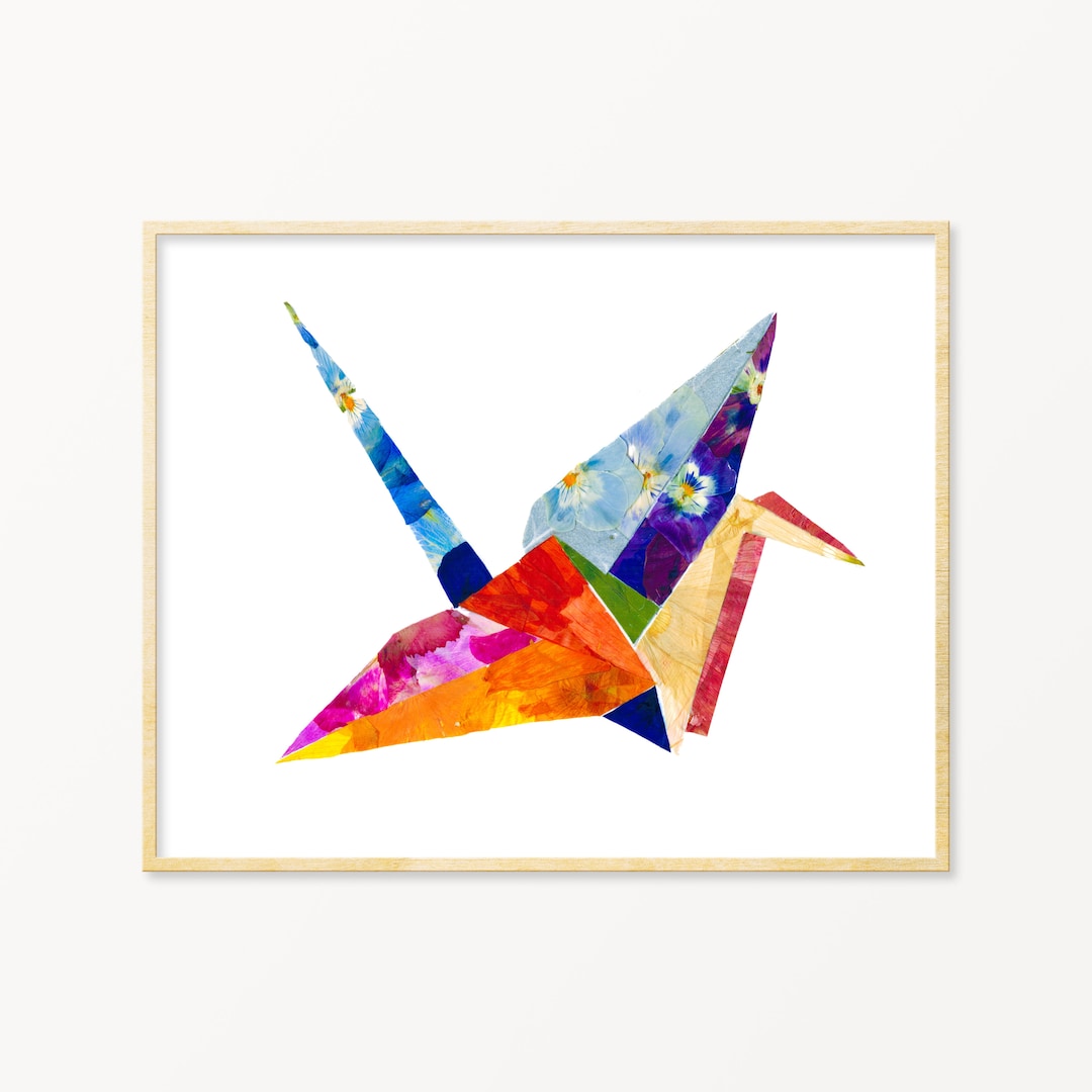 Paper Crane Pressed Flower Art Print, Origami Crane, Orizuru, Wedding ...