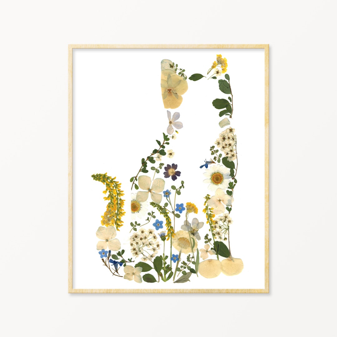 Pressed Flower Cat Print Wall Art, Cute Cat Gifts, Cat Nursery Art ...