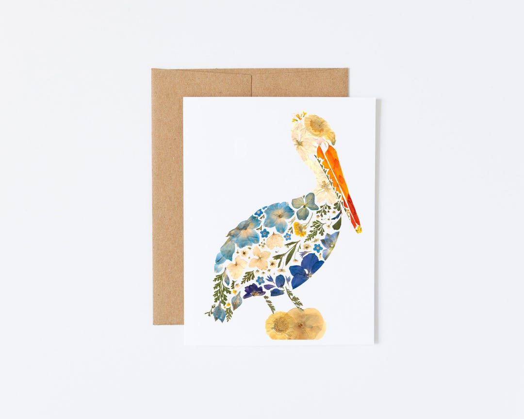 Pelican Greeting Card, Louisiana State Bird, Pressed Flower Art Print ...