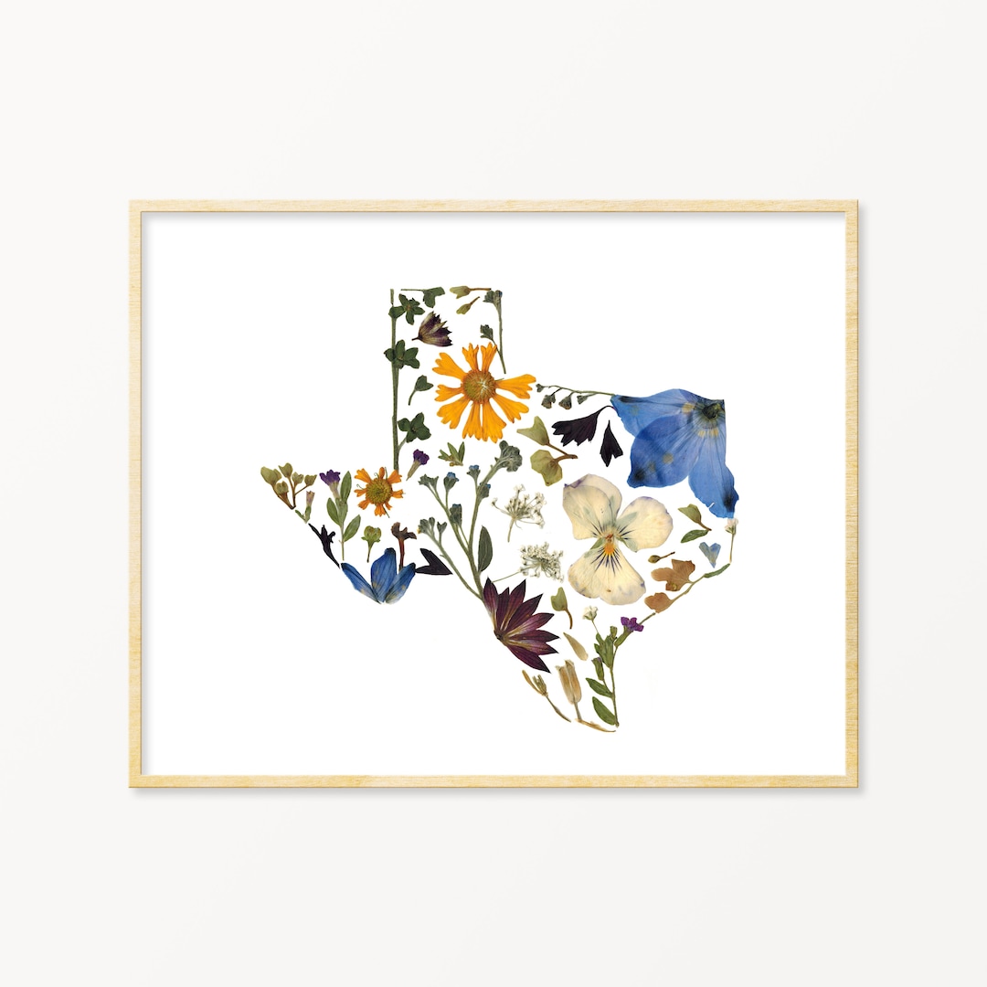 Pressed Flower Art Texas, Texas Wall Art, Texas Print, Texas Gift ...