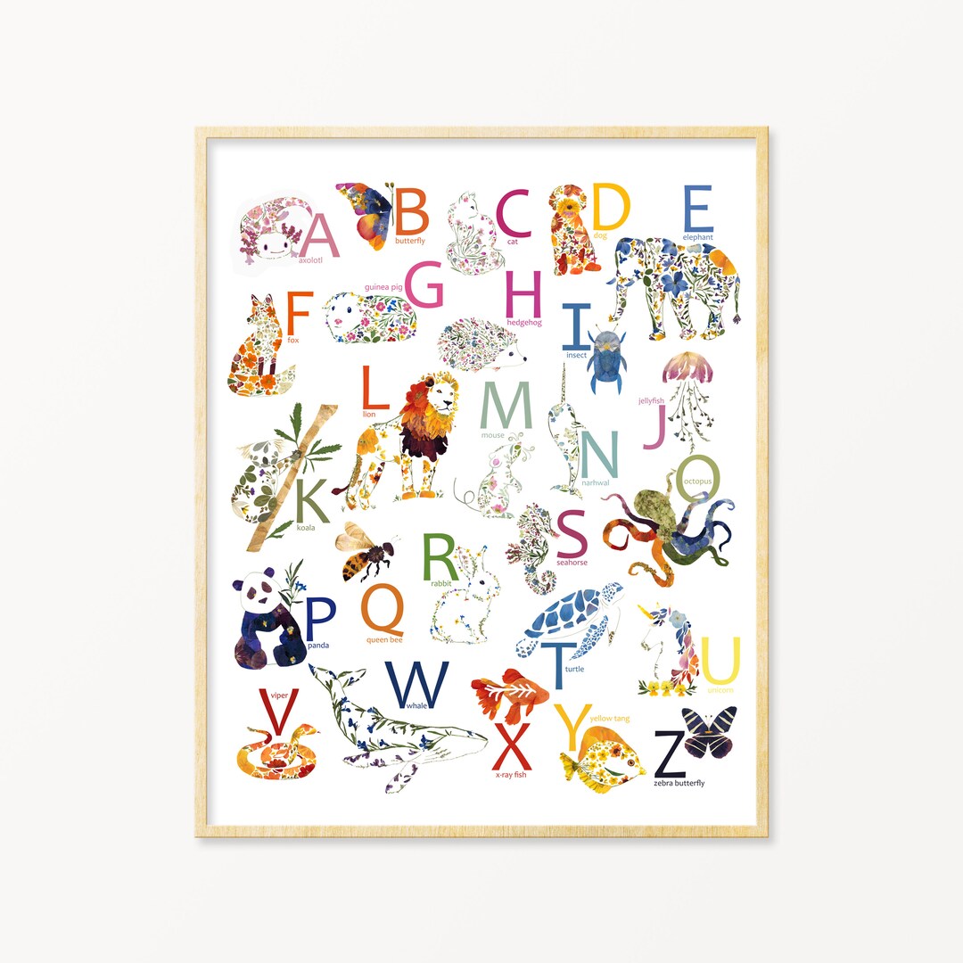 Alphabet Poster, Animal Alphabet Print, ABC Animals, Pressed Flower Art ...