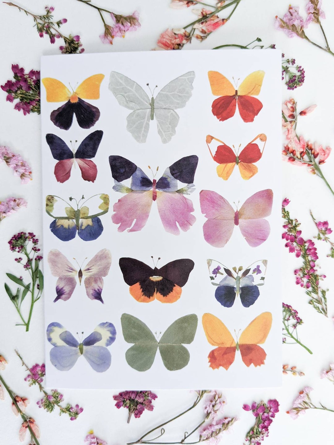 Pressed Flower Art Print Greeting Card, Blank Inside, Butterflies ...