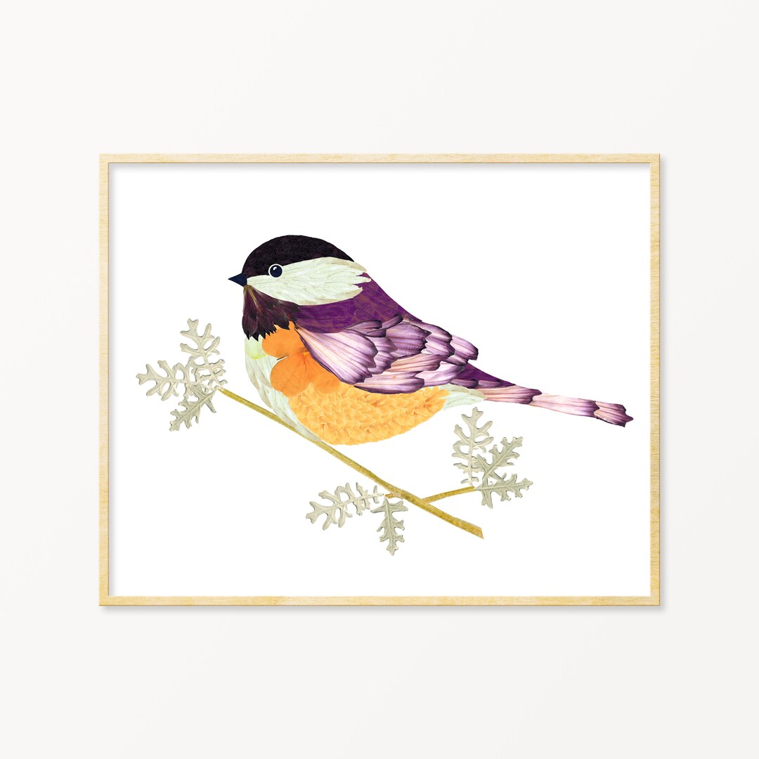 Chickadee Art, Chickadee Gift, Pressed Flower Art Print Black Capped ...