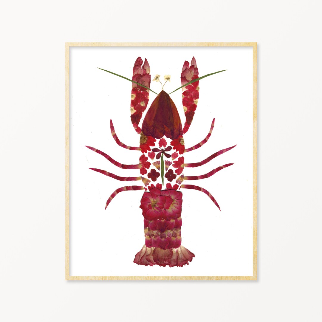 Pressed Flower Art Crawfish Print, Louisiana Gifts, Lobster Prints ...