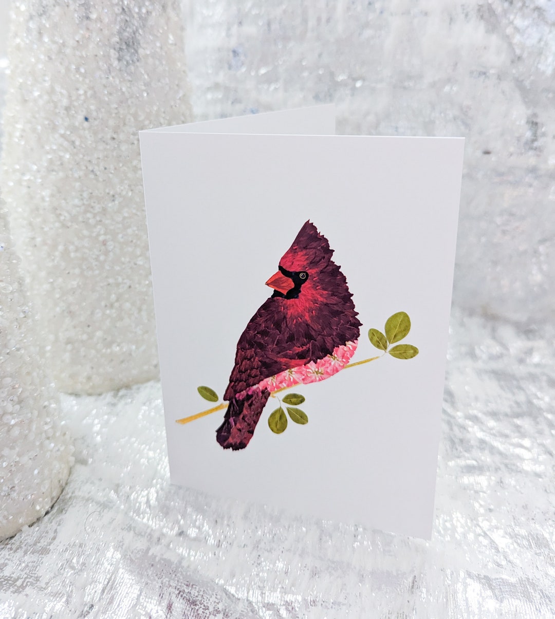 Cardinal Bird Card, Pressed Flower Art Print Card - Etsy