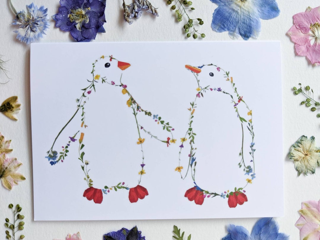 Penguin Card, Pressed Flower Art Print Card - Etsy