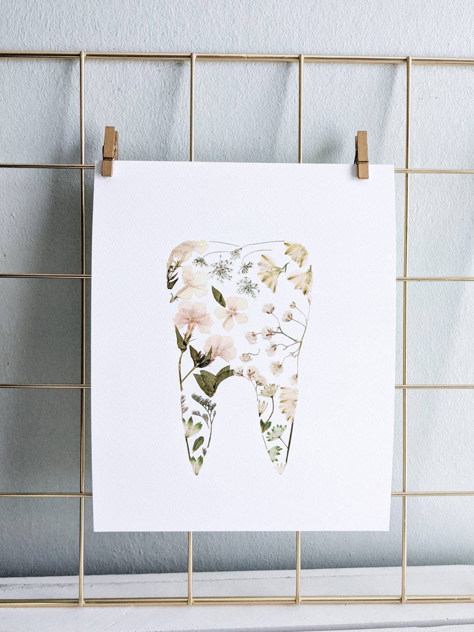 Tooth Art Print, Pressed Flower Art Print, Dental Assistant Gifts ...