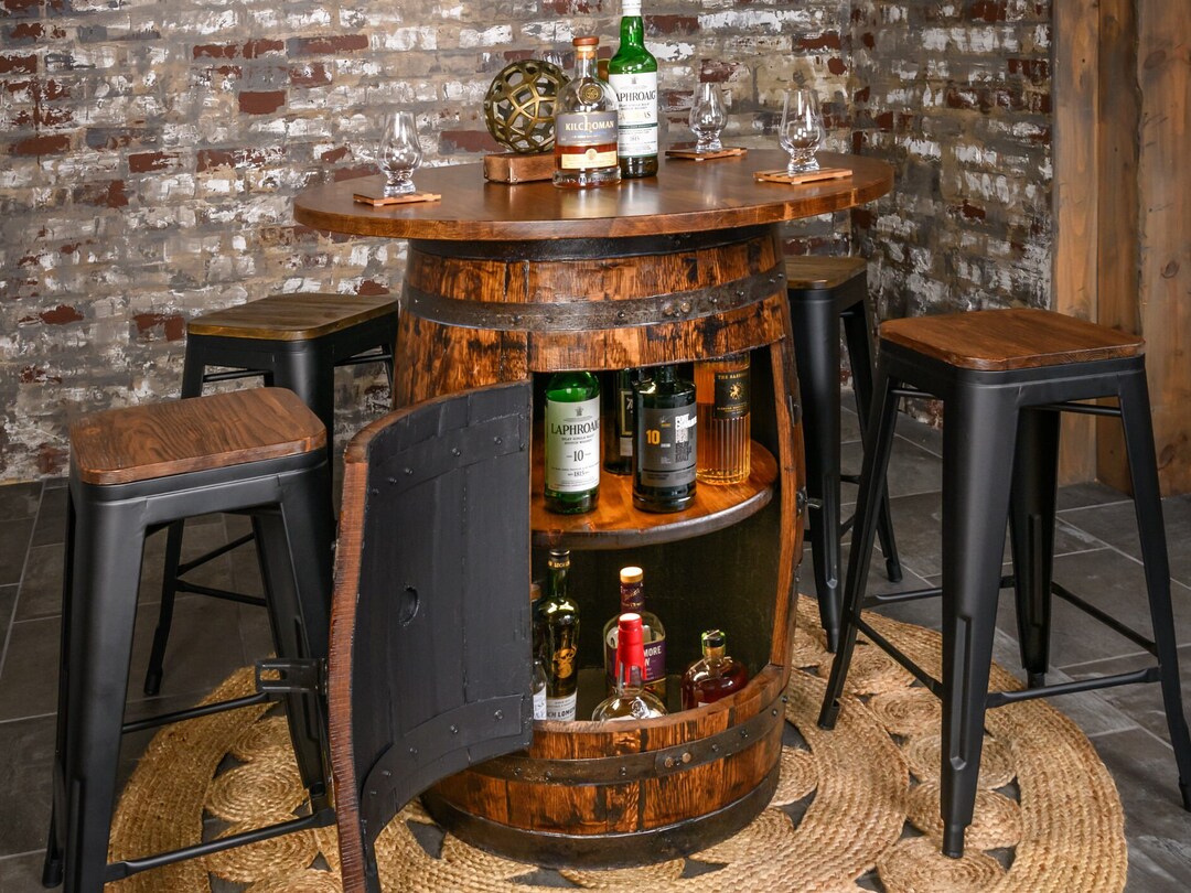 DELUXE Whiskey Barrel Pub Table W/ Cabinet, Lazy Susan Rotating Shelf ...