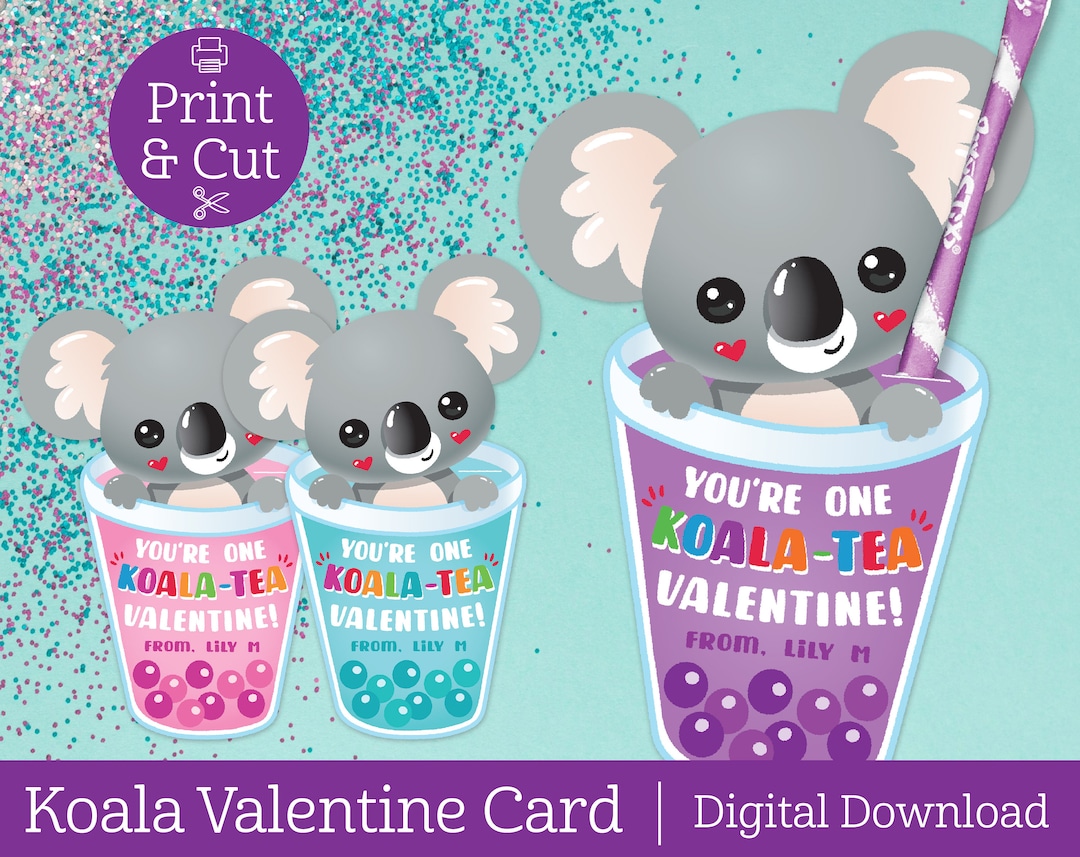 Koala Valentine Day Card, Digital Editable Download, Boba Tea Valentine ...