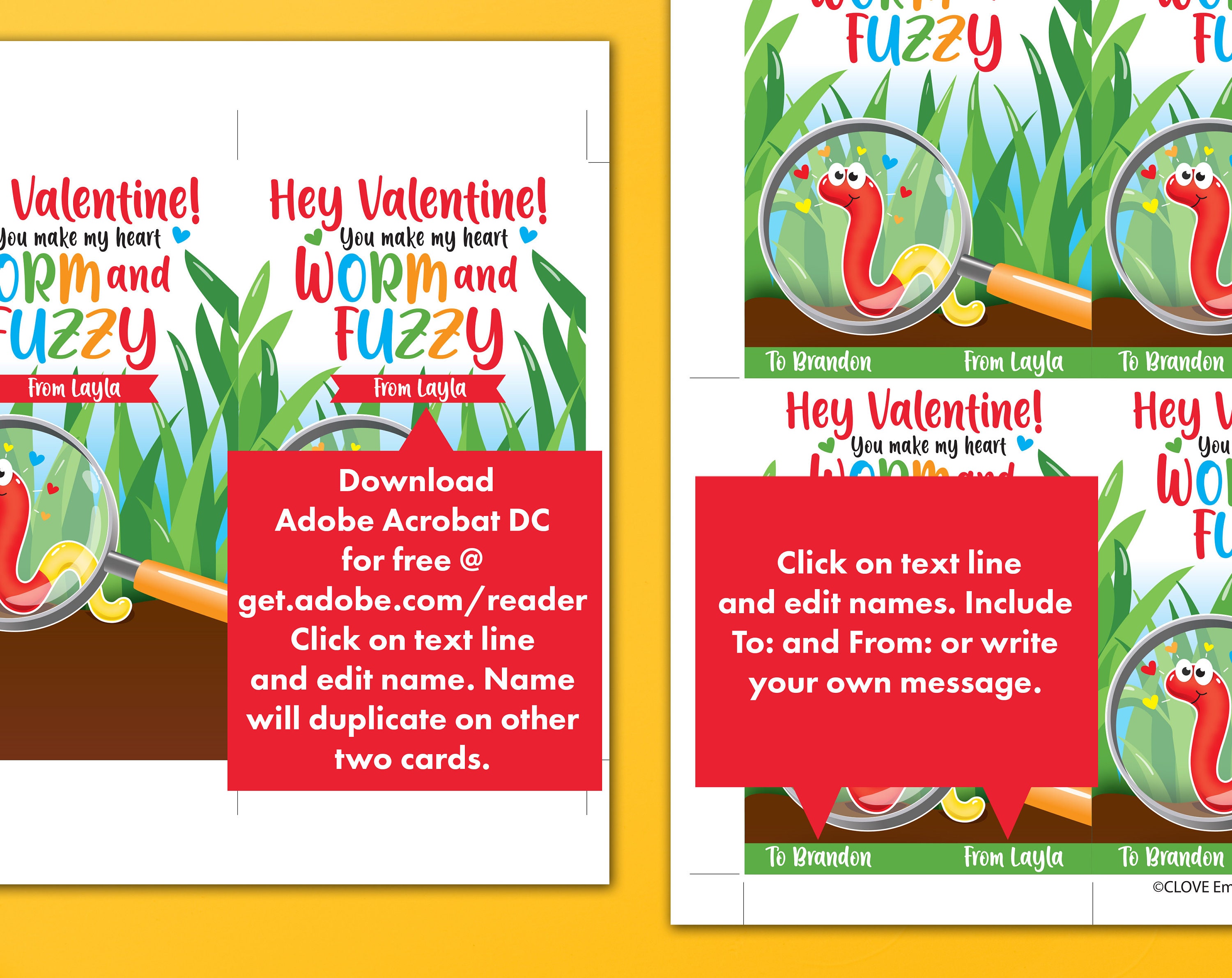 Worm Valentine Cards, DIGITAL EDITABLE DOWNLOAD, Gummy Worm Valentines ...