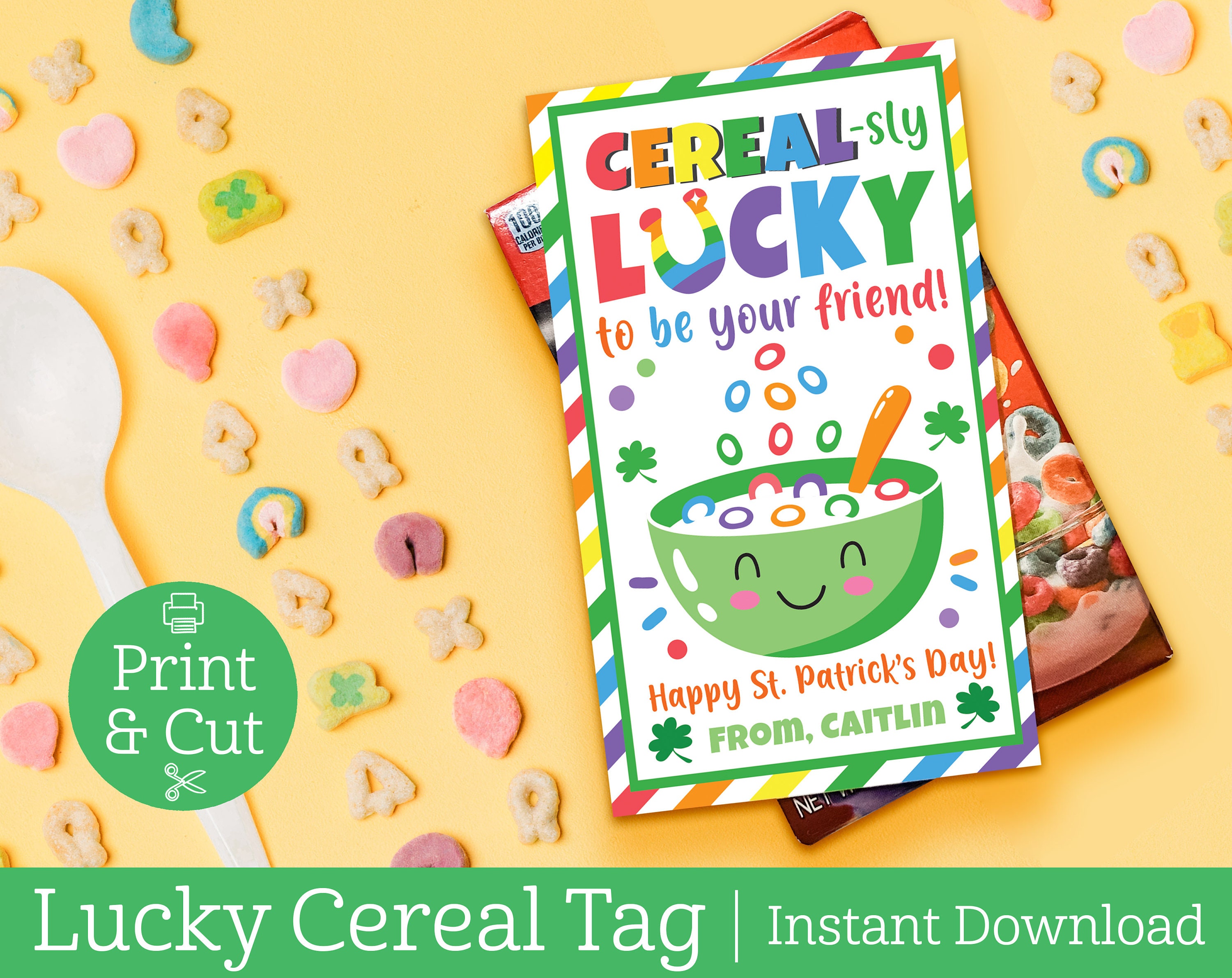 Cereal Gift Tag INSTANT EDITABLE DOWNLOAD St. Patrick's - Etsy