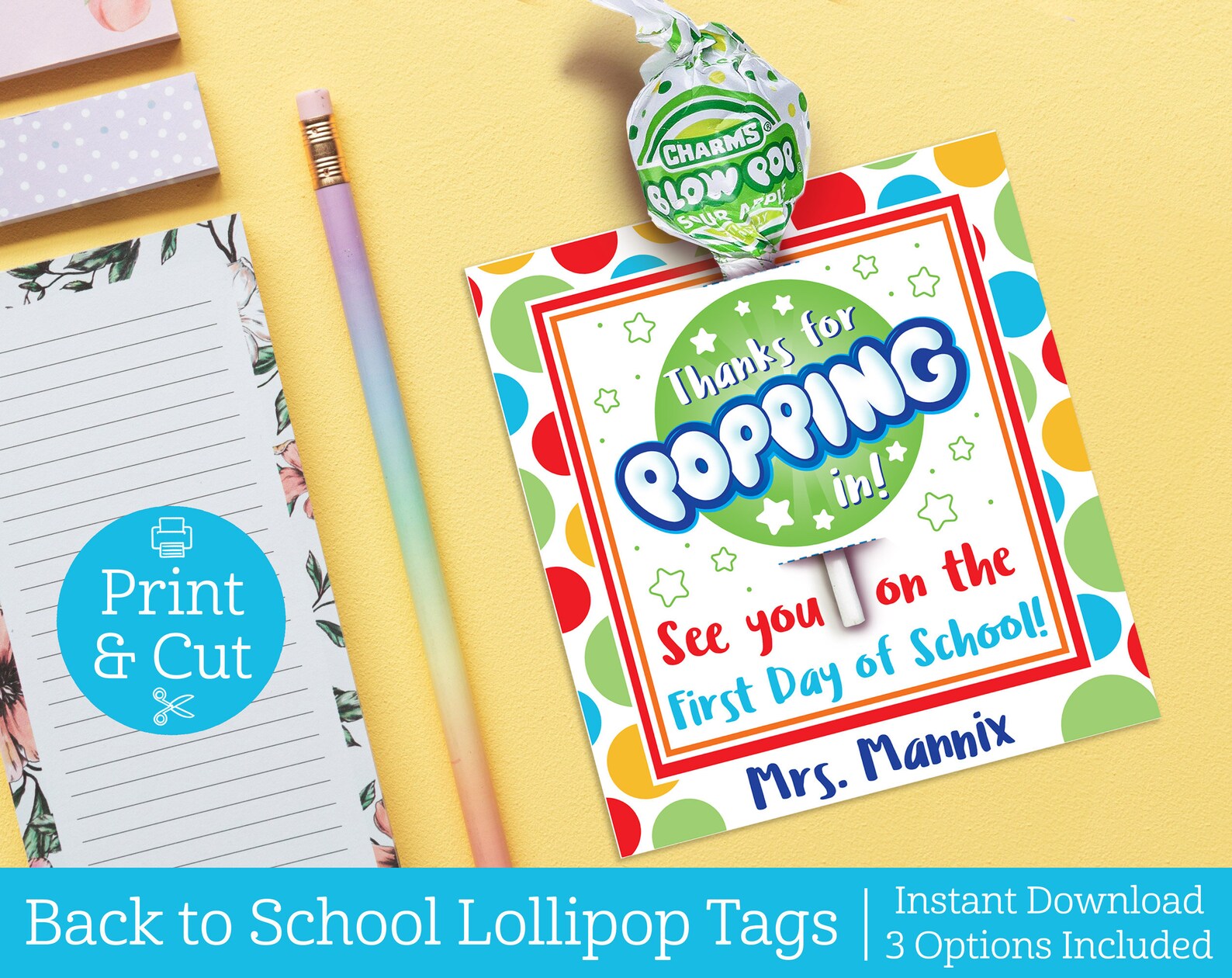 Back to School Lollipop Tag, DIGITAL EDITABLE DOWNLOAD, Thanks for ...