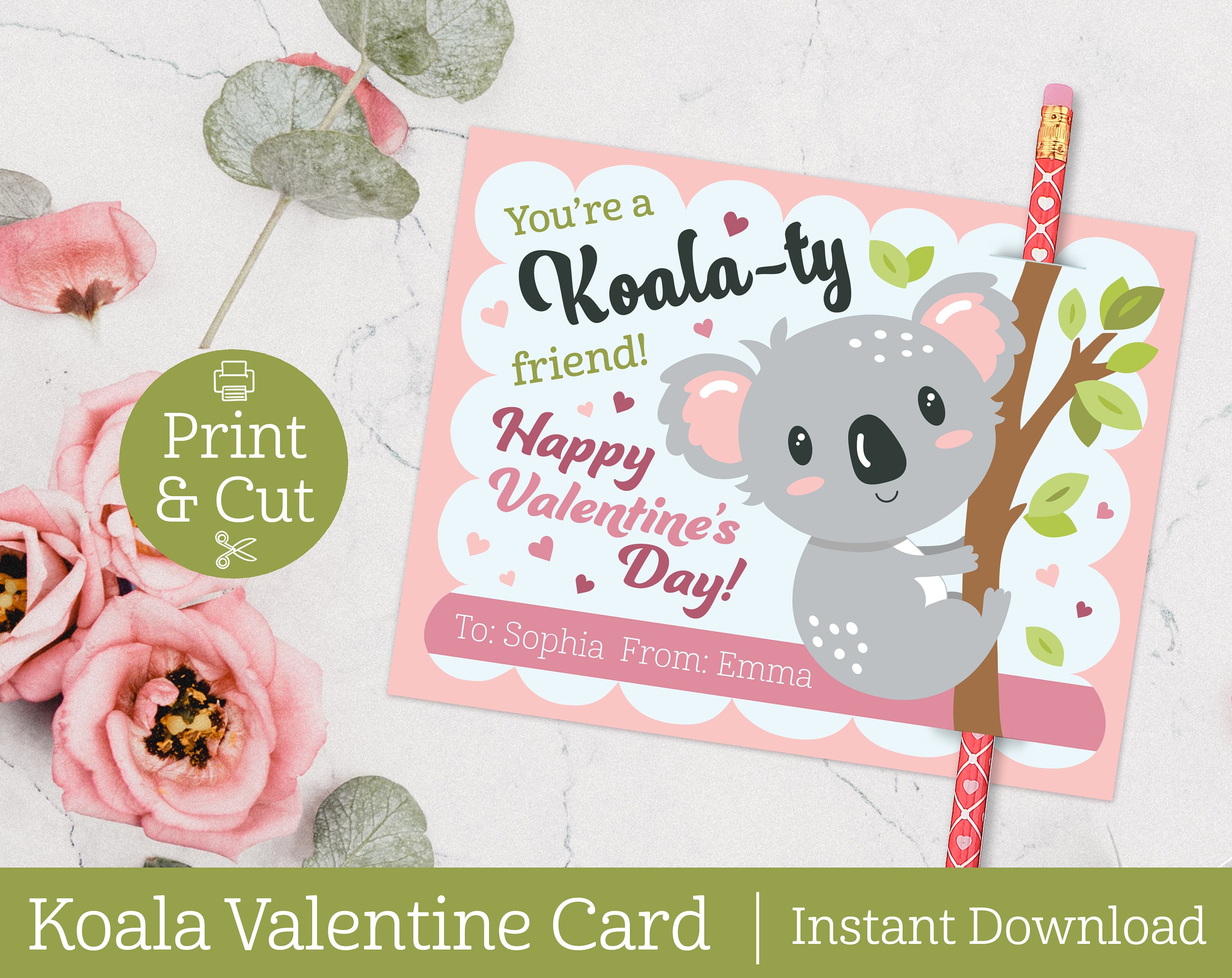 Koala Valentines Day Cards INSTANT EDITABLE DOWNLOAD - Etsy