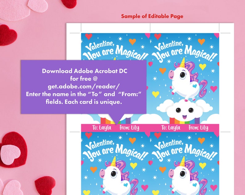 Unicorn Valentine Card, INSTANT EDITABLE DOWNLOAD, Unicorn, Valentines ...
