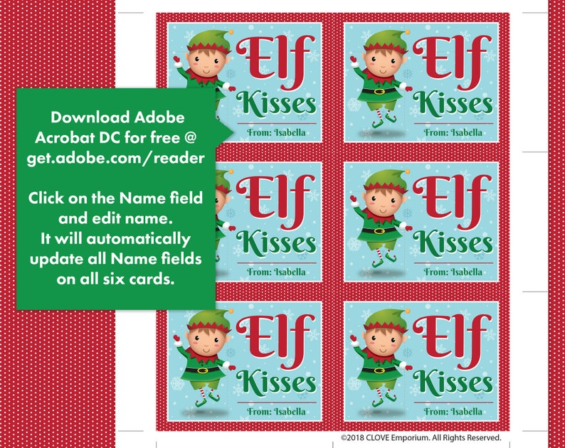 Elf Kisses Gift Tag, INSTANT EDITABLE DOWNLOAD, Elf Bag Topper, Holiday ...
