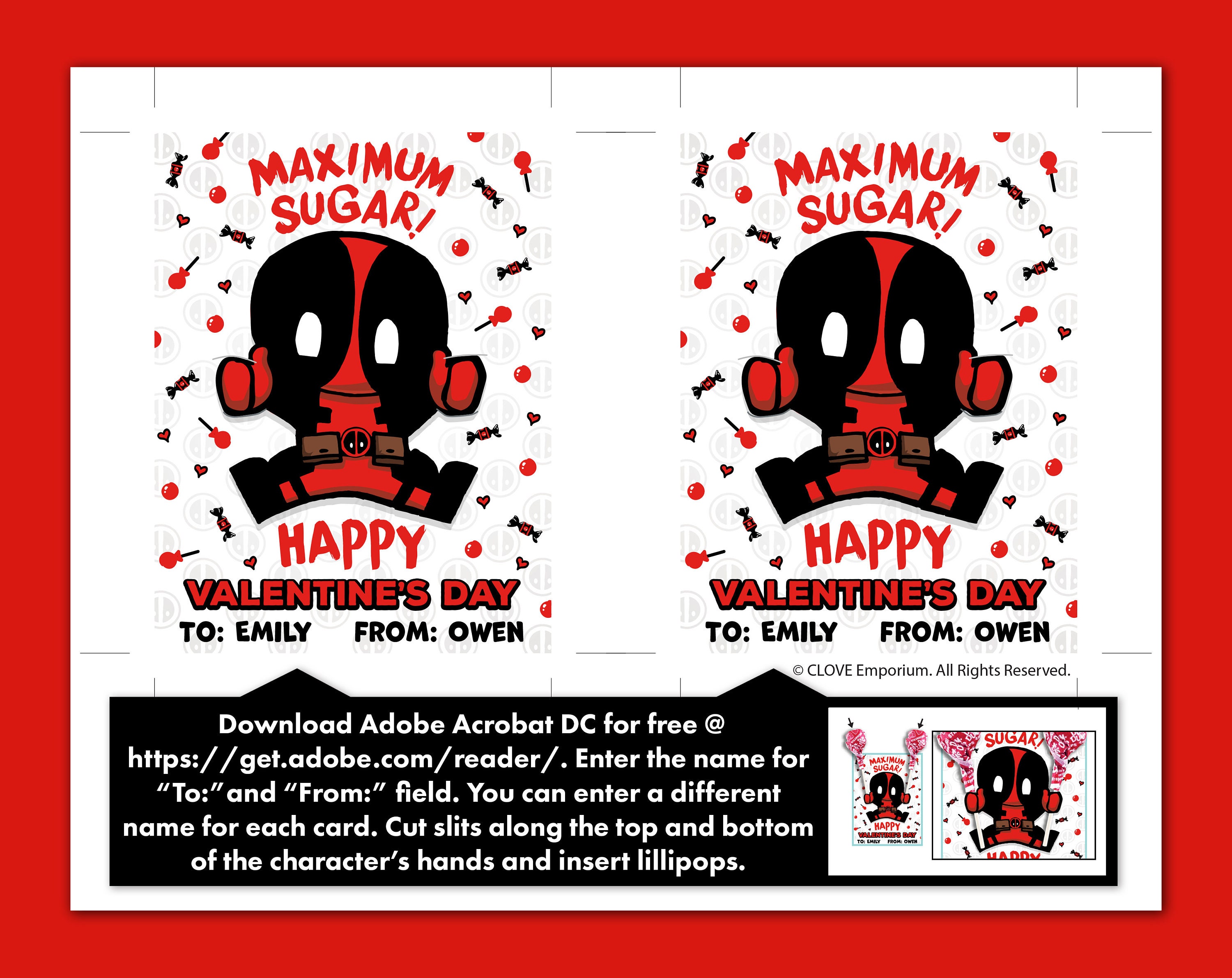 Deadpool Inspired Valentine, INSTANT EDITABLE DOWNLOAD, Lollipop Holder ...