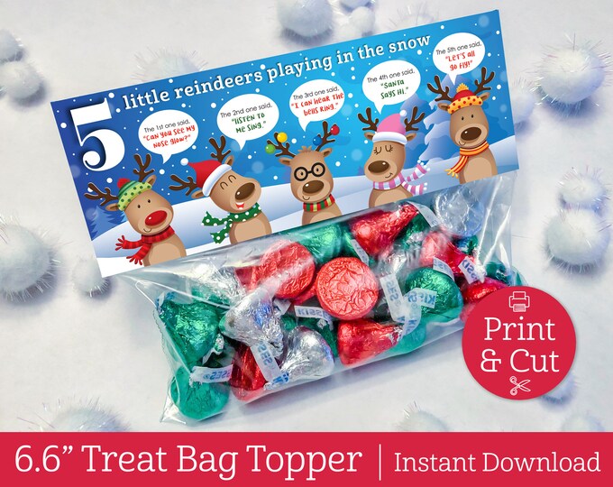 5 Little Reindeers Bag Topper, INSTANT EDITABLE DOWNLOAD, Holiday Treat ...