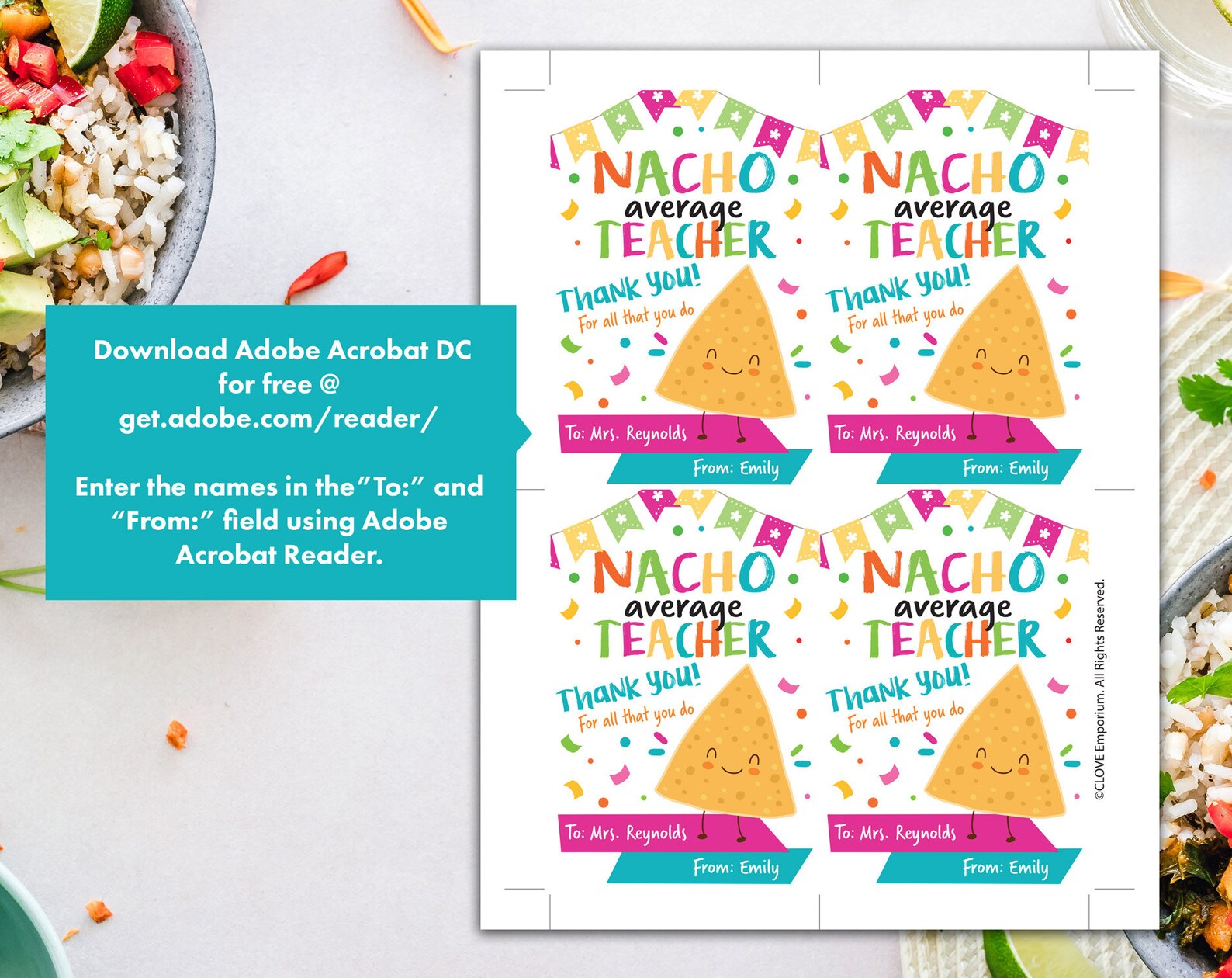 Nacho Average Teacher,instant EDITABLE DOWNLOAD, Teacher Thank You Card ...