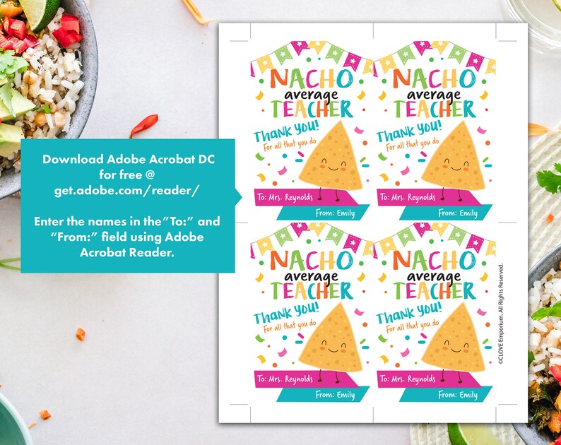 Nacho Average Teacher,instant EDITABLE DOWNLOAD, Teacher Thank You Card ...