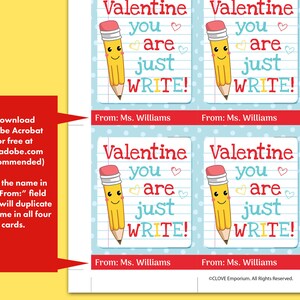 Valentines Pencil Card, INSTANT EDITABLE DOWNLOAD, You Are Just Write ...