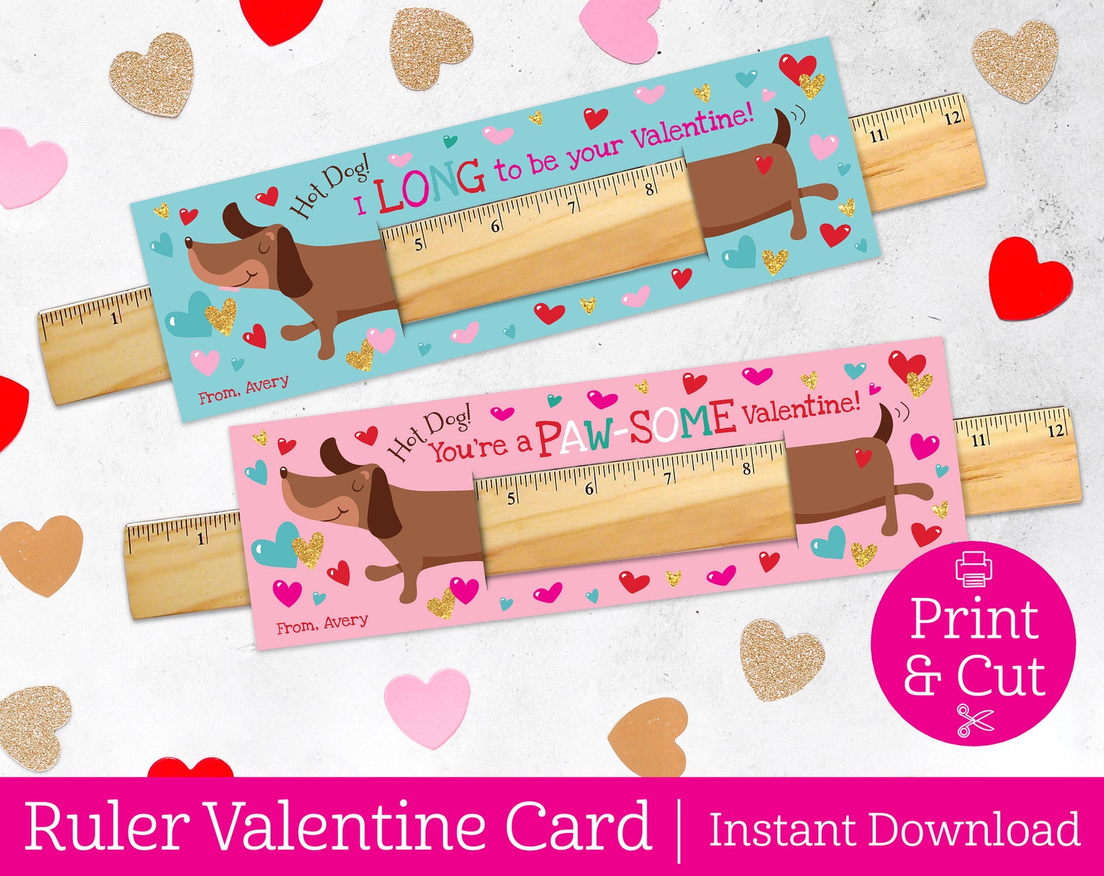 Dog Valentine, INSTANT EDITABLE DOWNLOAD, Ruler Valentine, Dachshund ...