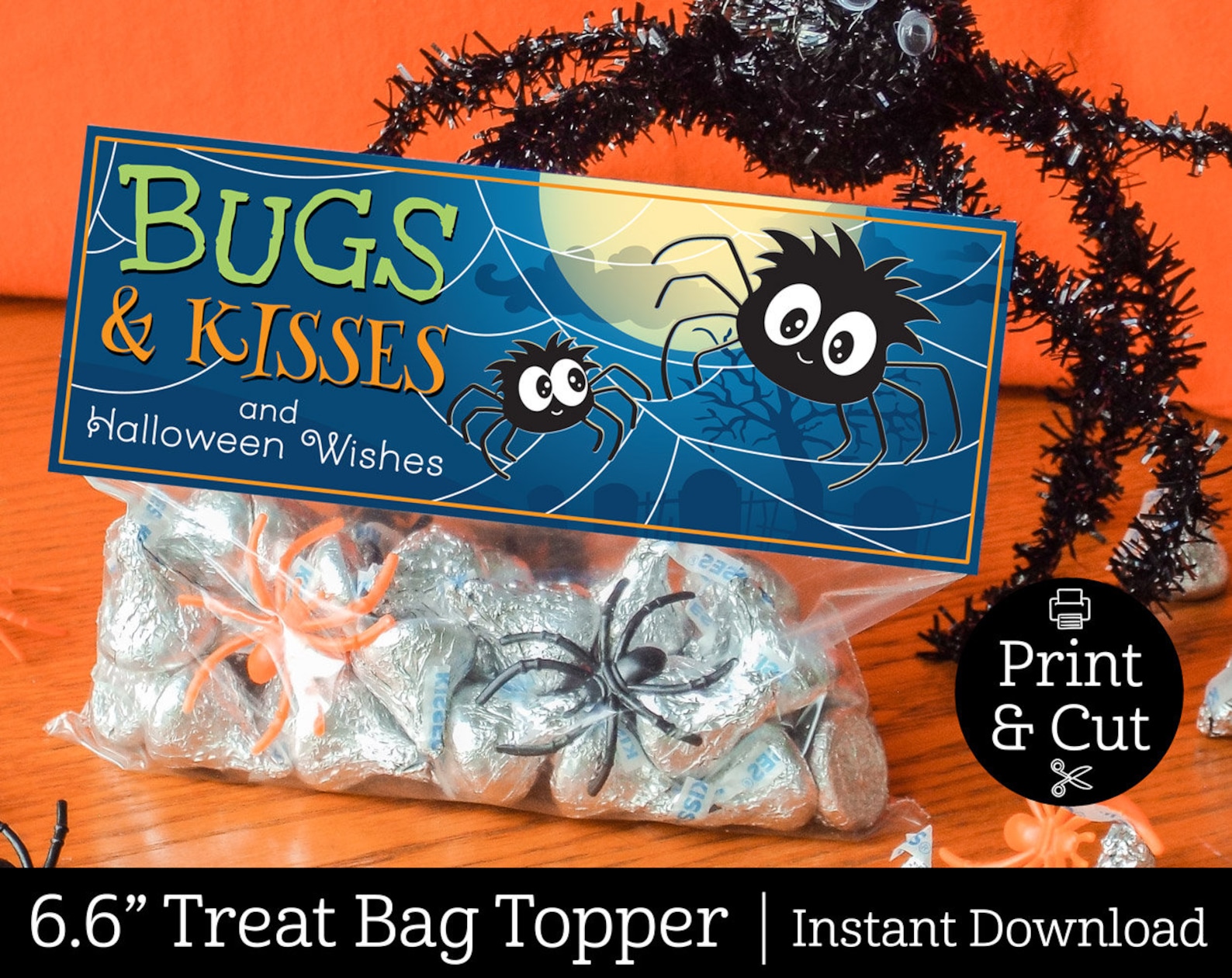 Bugs and Kisses Bag Topper, INSTANT EDITABLE DOWNLOAD, Halloween Treat ...