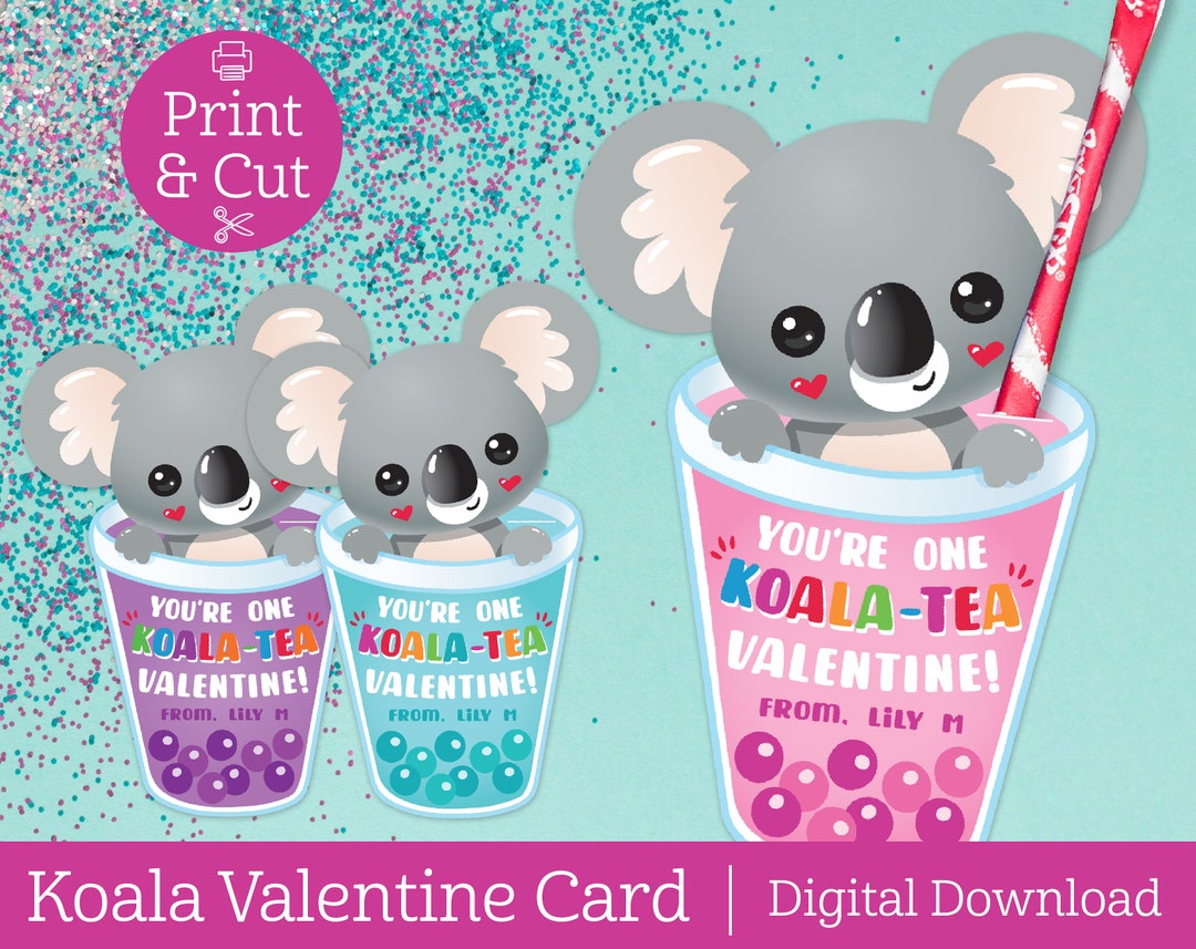 Koala Valentine Day Card, Digital Editable Download, Boba Tea Valentine ...