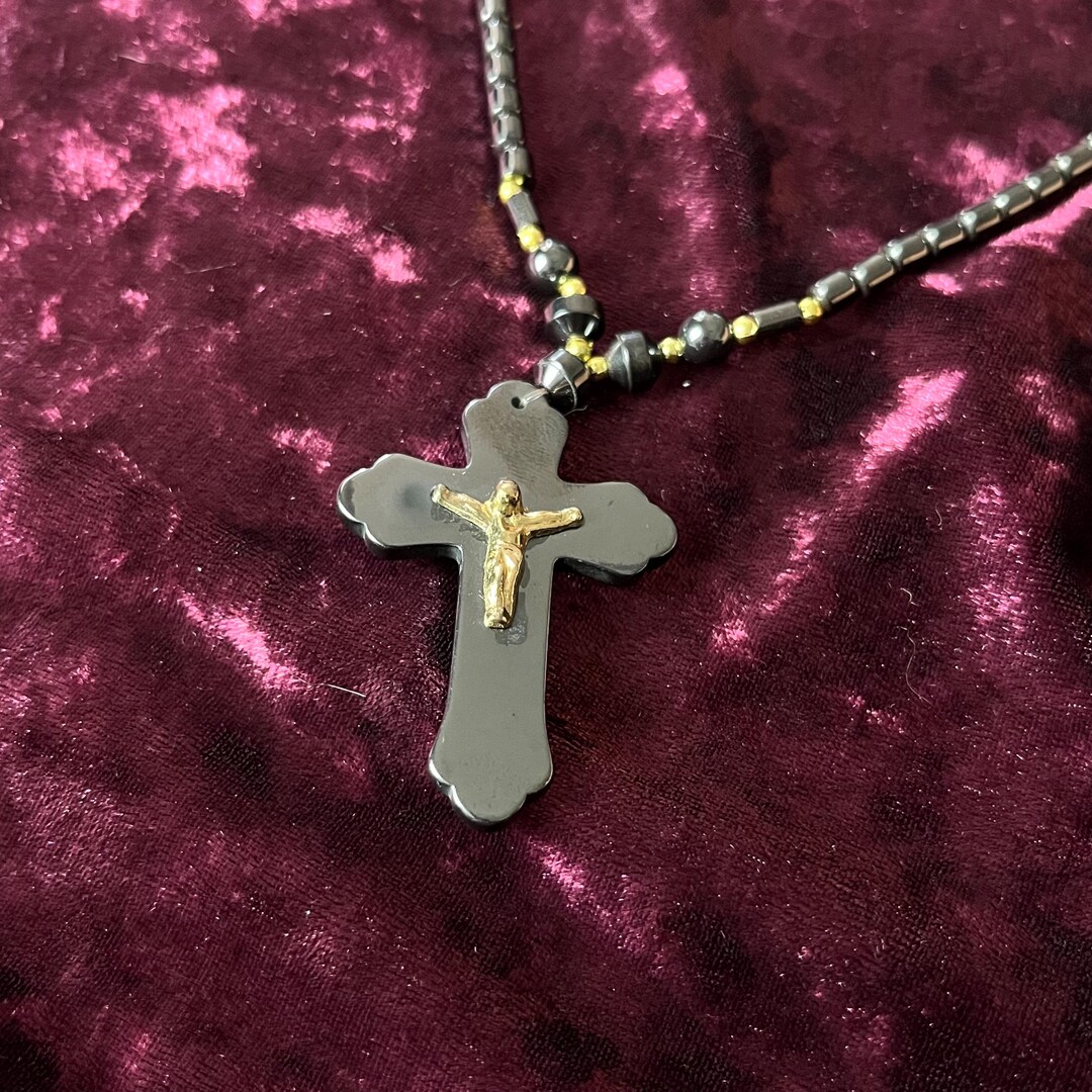 Vintage Crucifix Beaded Necklace Hematite or Black Metal - Etsy
