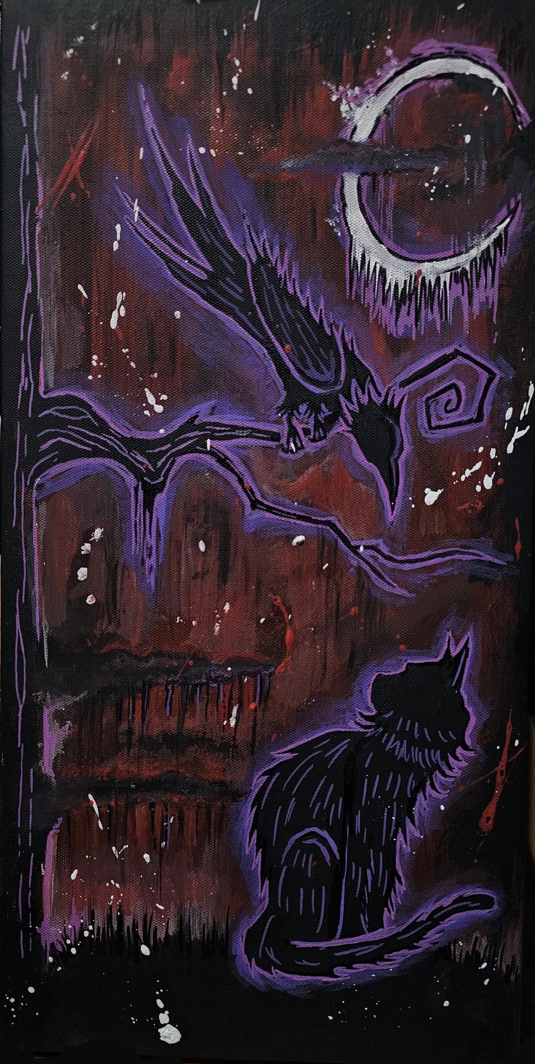 7.75x15.50 Original Raven and Black Cat Canvas Painting - Etsy