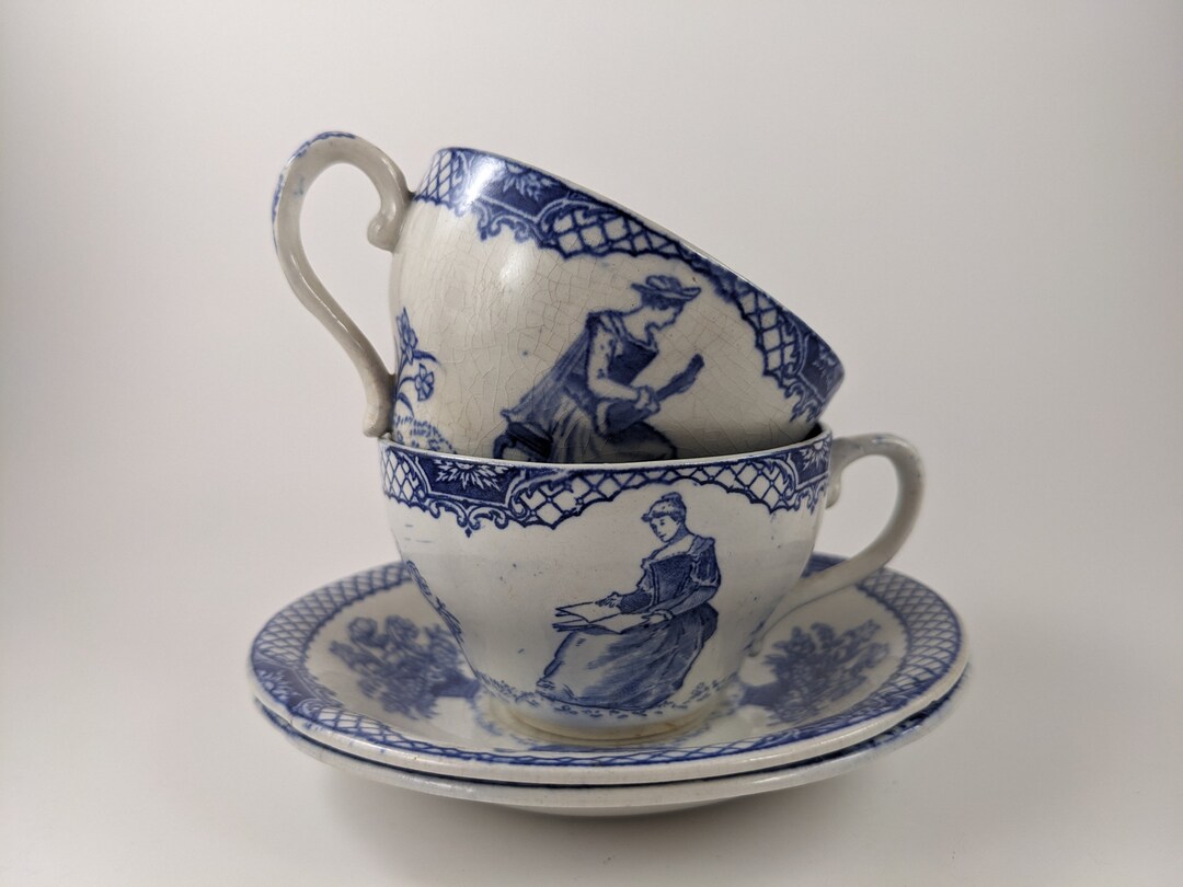 1800's Ashworth Walteau Blue Ceramic Antique Teacup and Saucer England ...