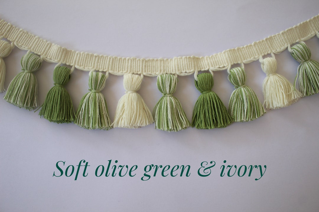 Tassel Fringe, Tassel Fringe Trim, Soft Olive Green and Ivory Tassel ...