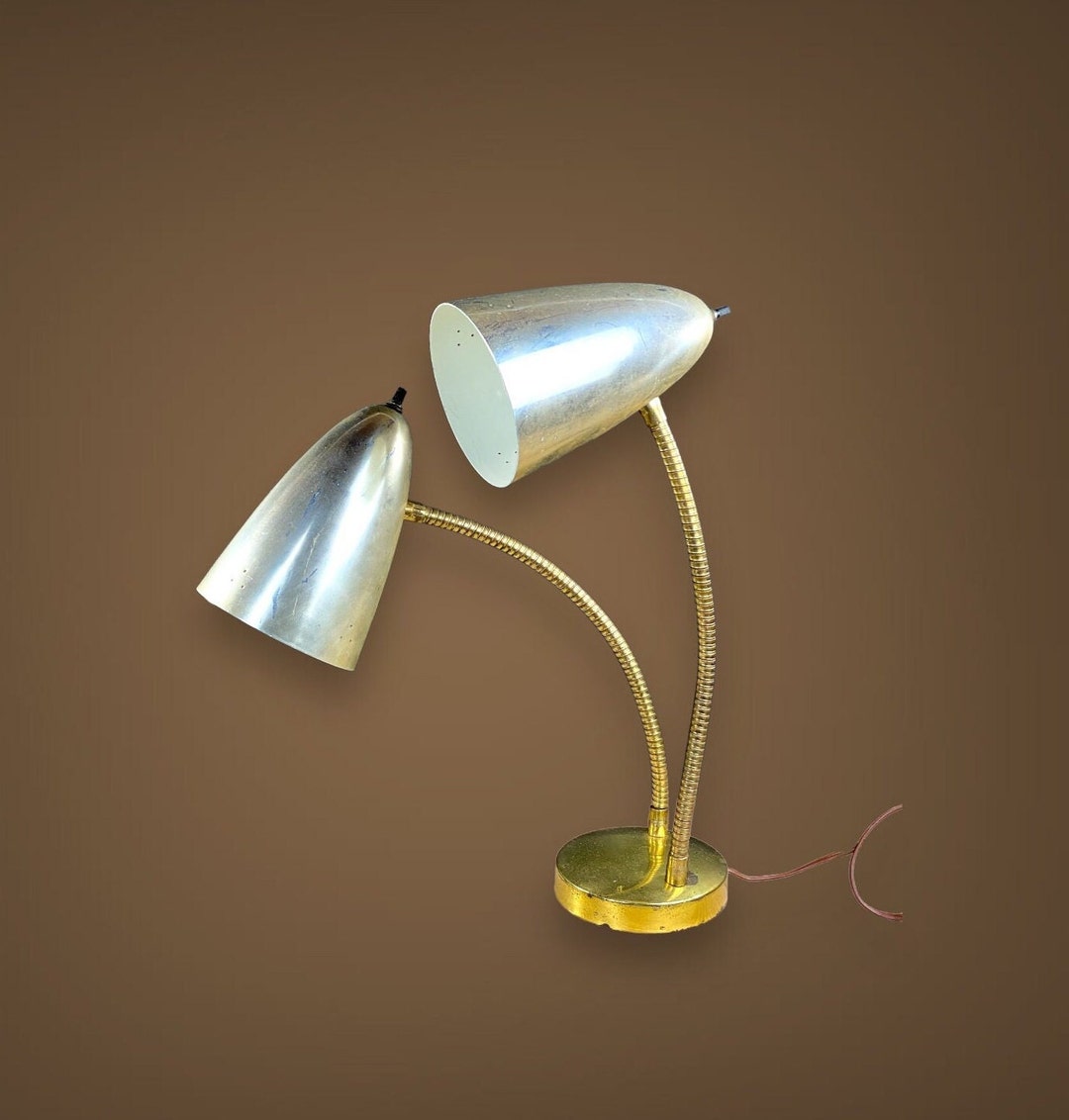 Double Gooseneck MCM Desk Lamp Bullet Aluminum Shades W/cut Outs Works ...