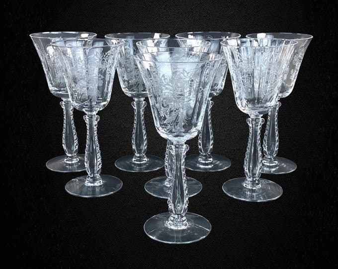 Set 8 Fostoria Heather Etched Floral Wine Glass Beaded Stem Barware ...