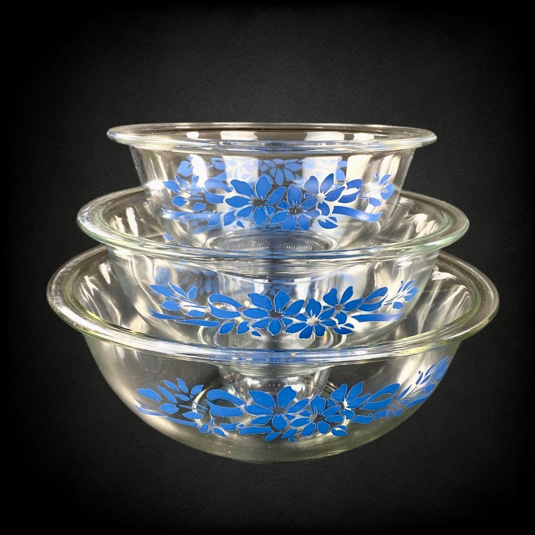Pyrex Blue Floral Ribbon Nesting Bowls Set 322 323 325 Clear Glass ...