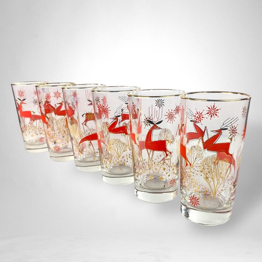 Libbey Mid Century Christmas Deer Highball Glasses SET of 6 With 22k ...