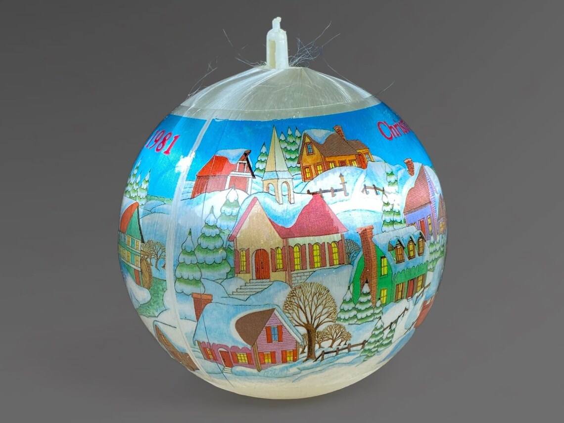 1981 Christmas Satin Bulb Ornament Winter Snow Farm Village Scene - Etsy