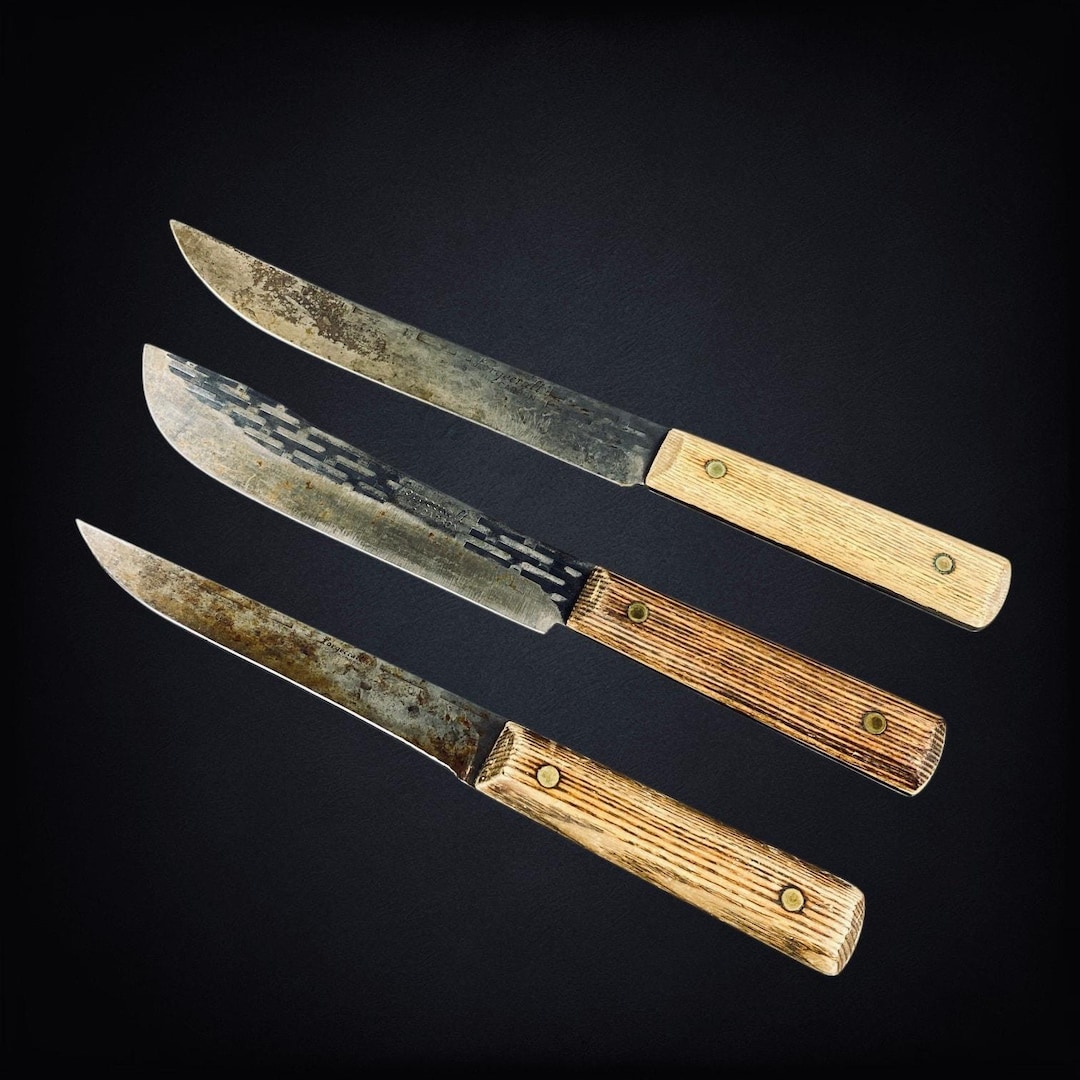 3 Forgecraft Hi-carbon Kitchen Knives Wood Grain Handles Full Tang OLD ...