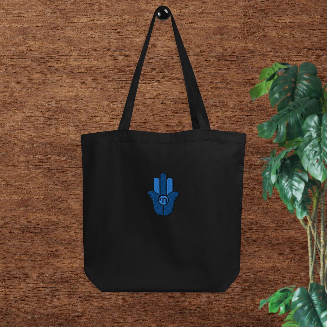 Hebrew Chai Hamsa Embroidered Eco Tote Bag, Stylish Spiritual Jewish ...