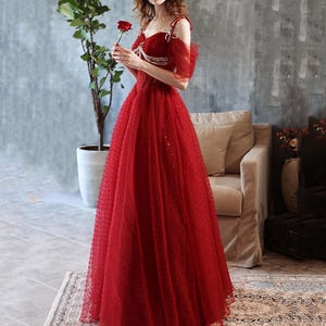 Shiny Red Prom Dress, Red Straps Ball Gown, Sweet Prom Dress, A Line ...