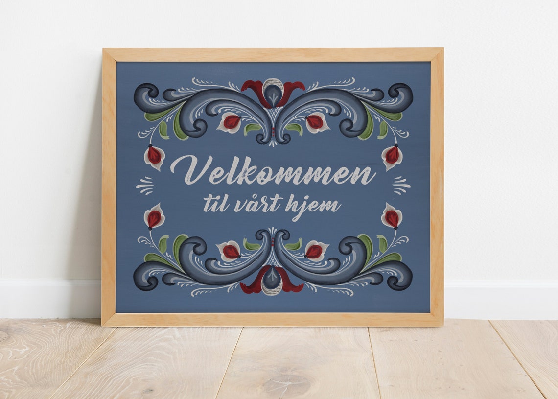 Norwegian Welcome Sign Art Print Velkommen Rosemaling | Etsy