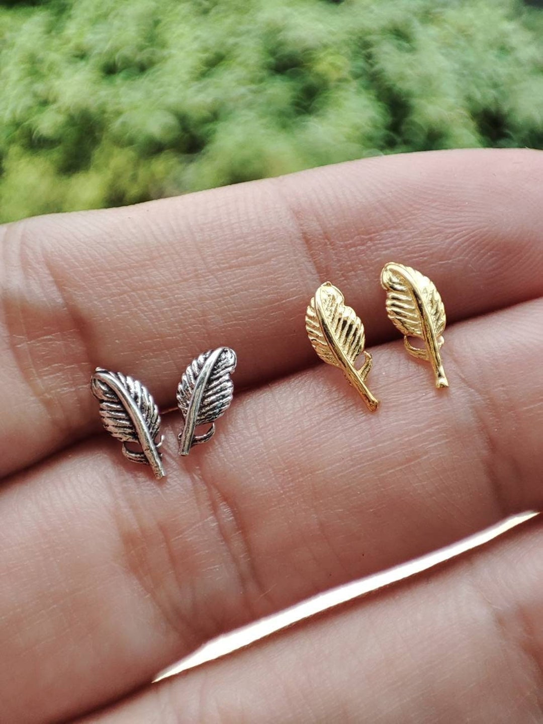 Tiny Feather Stud Earrings, Small Feather Earrings, Leaf Earrings, Gold ...