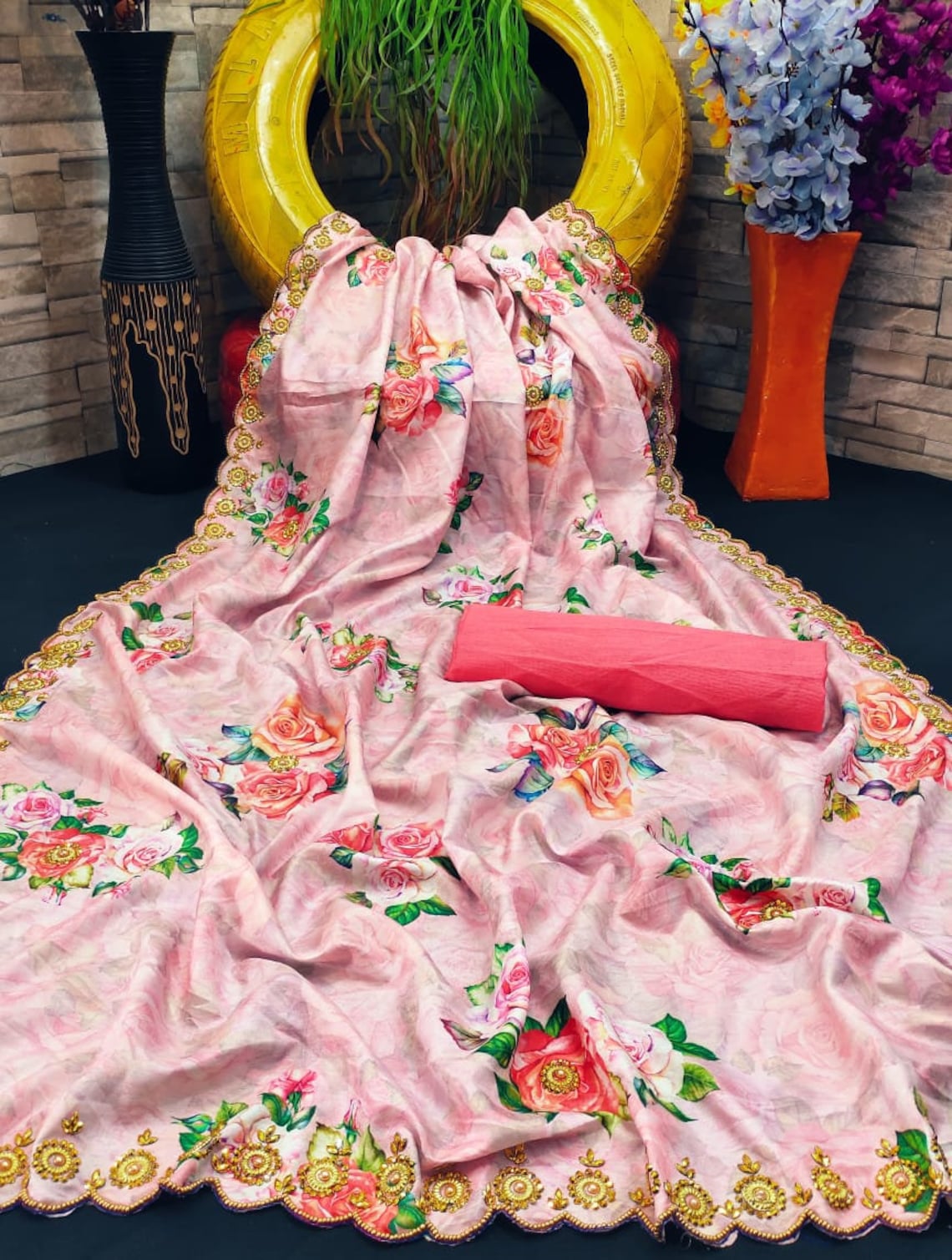 Indian Traditional Heavy Satin Silk Saree With Diamond Work | Etsy