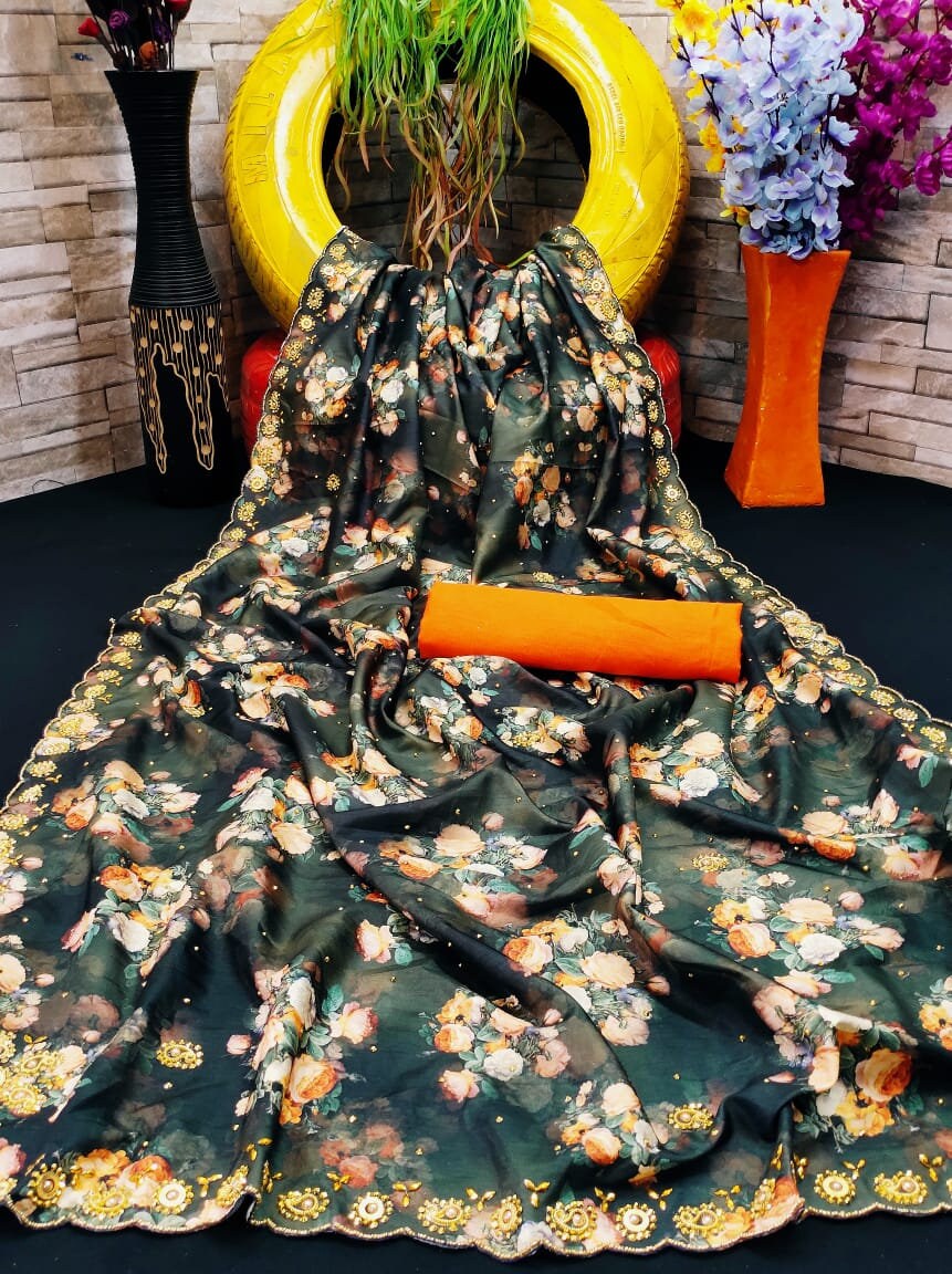 Indian Traditional Heavy Satin Silk Saree With Diamond Work | Etsy