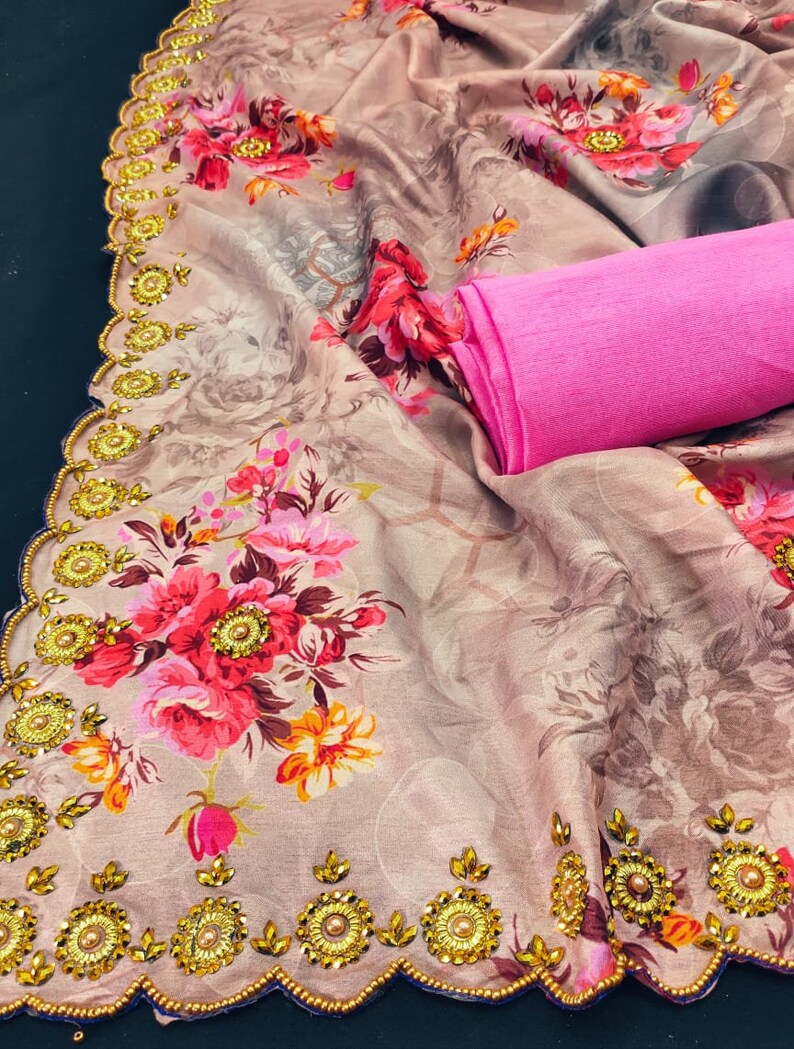 Indian Traditional Heavy Satin Silk Saree With Diamond Work | Etsy