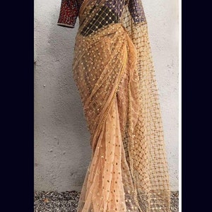 Designer Saree Heavy Bollywood Style Chiku Color Nylon Net - Etsy